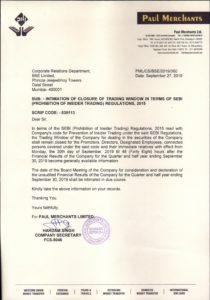 Intimation of Trading Window closure | Paul Merchants