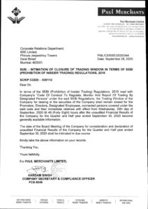 Closure of Trading Window | Paul Merchants