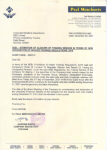 BSE Intimation- Closure of Trading window | Paul Merchants