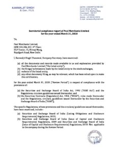 Annual Secretarial Compliance report for FY 2019-20 | Paul Merchants
